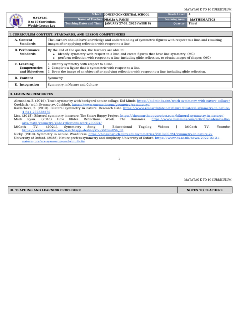 DLL Matatag - Math 4 Q3 W8 | PDF | Symmetry | Cognition