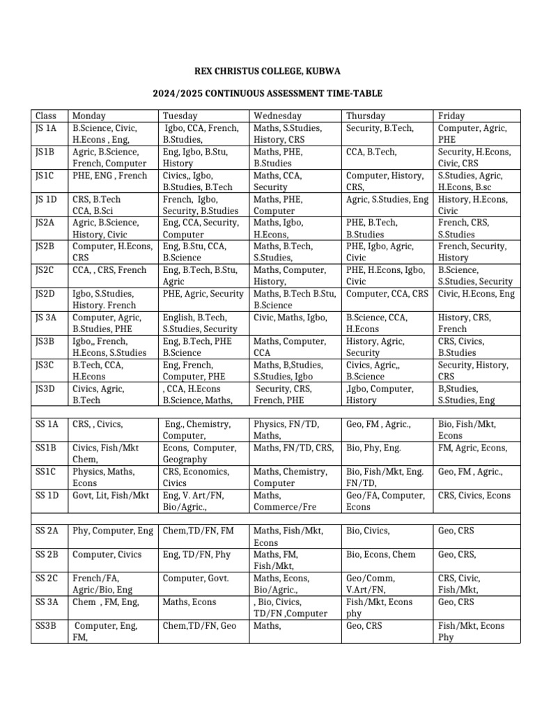 2024-25 Ca Time-Table | PDF | Science