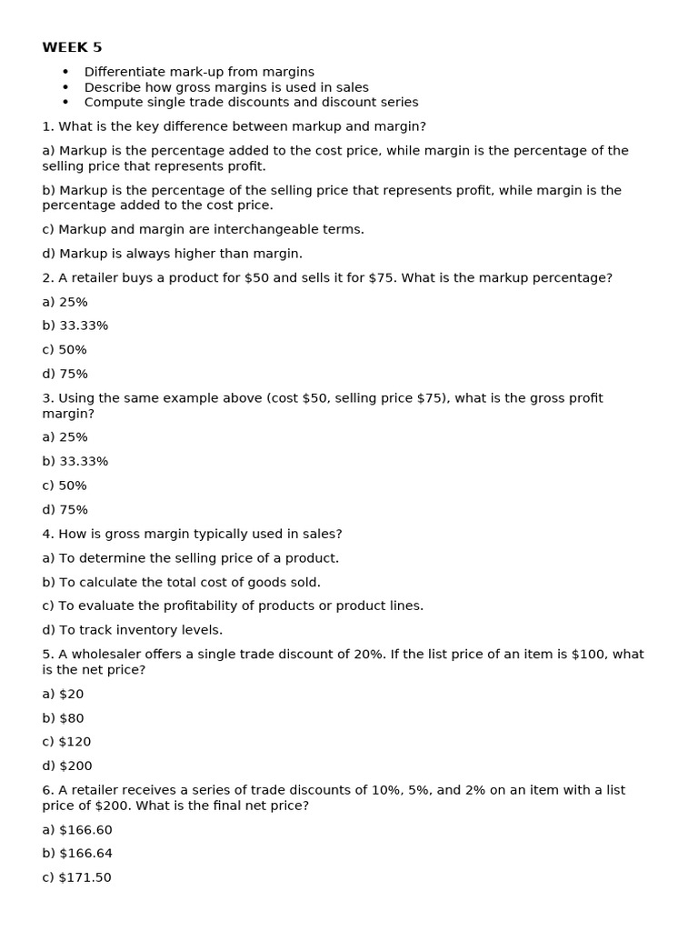 Week 5-Week 8 Questions | PDF | Gross Margin | Interest