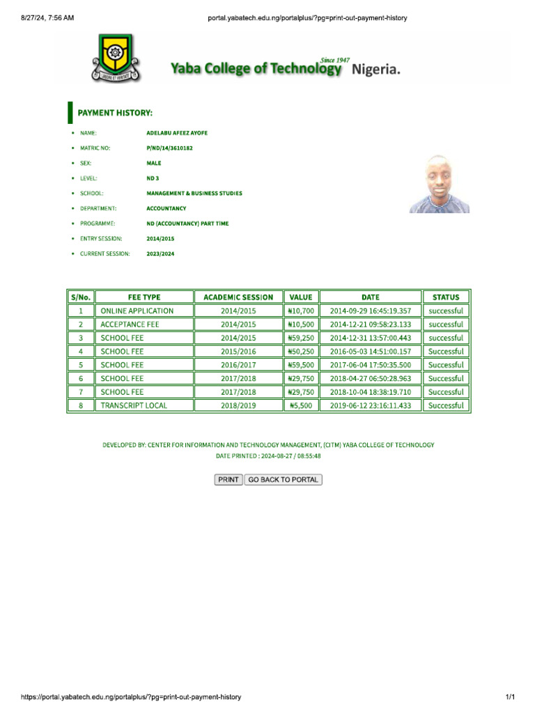 Yabatech Transcipt Payment | PDF