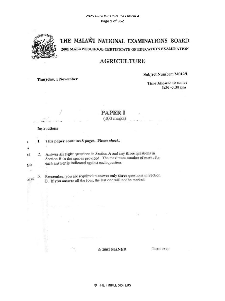 Agriculture Past Papers Msce - 2001 To 2024 | PDF