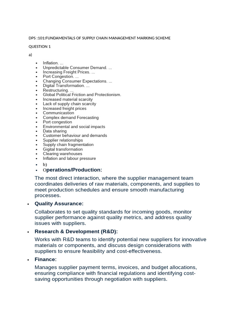 DPS 101 Marking Scheme Introduction To Supply Chain Management | PDF ...