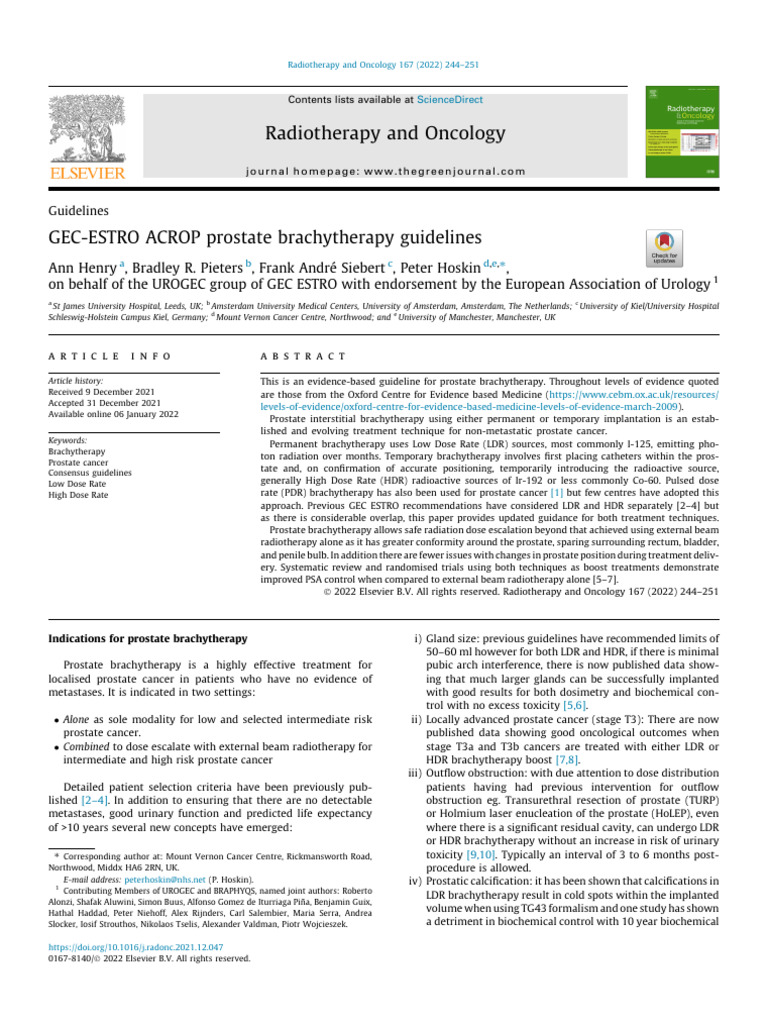 GEC ESTRO ACROP Prostate Brachytherapy Guidelines | PDF | Radiation Therapy | Prostate