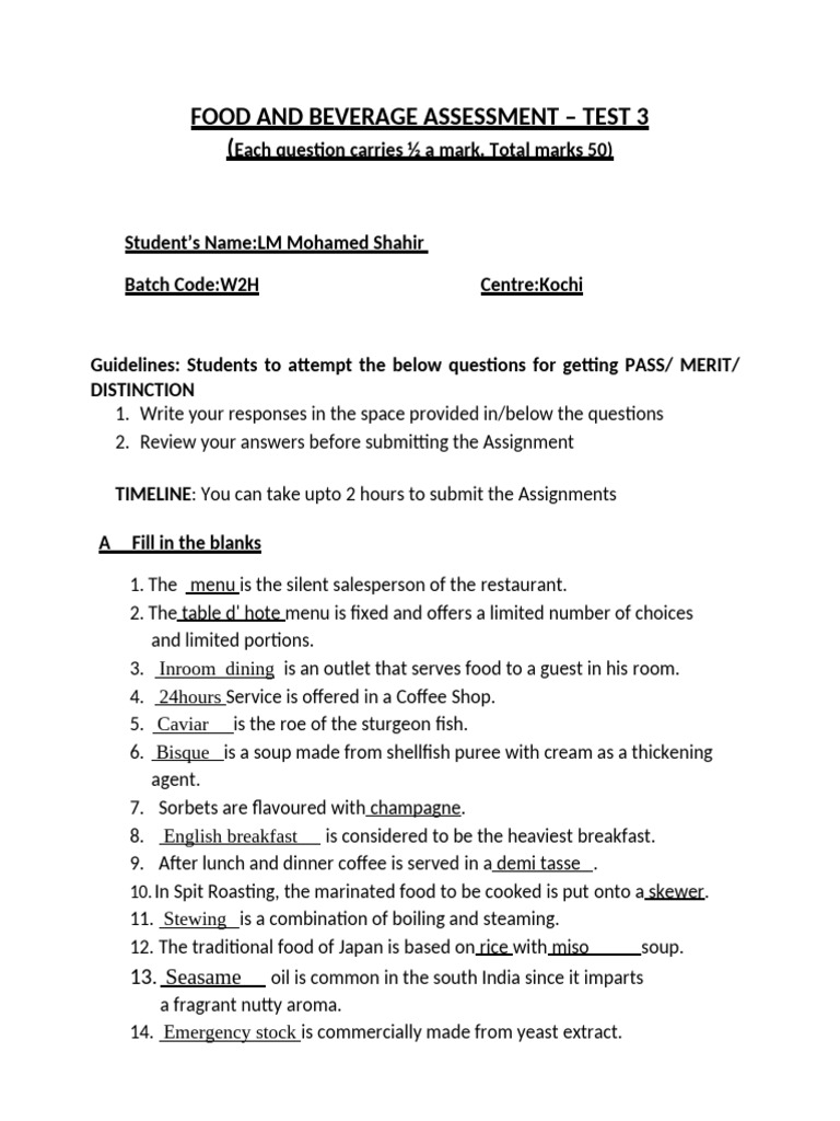 Food and Beverage Assessment Test 3 | PDF | Sauce | Menu