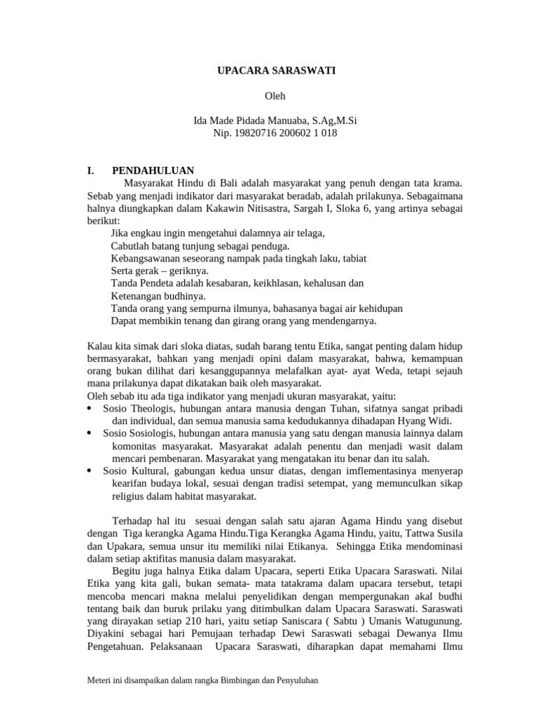 Etika Hindu Pada Upacara Saraswati | PDF