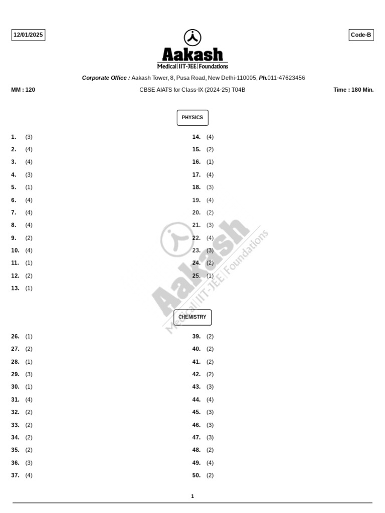 CBSE-AIATS Test-4 (Code-B) - Class-IX (12-01-2025) - SOL-WEB | PDF ...