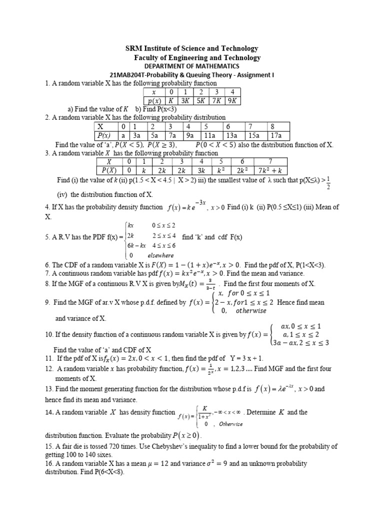 21MAB204T - PQT Assignment I | PDF | Probability Density Function | Random Variable