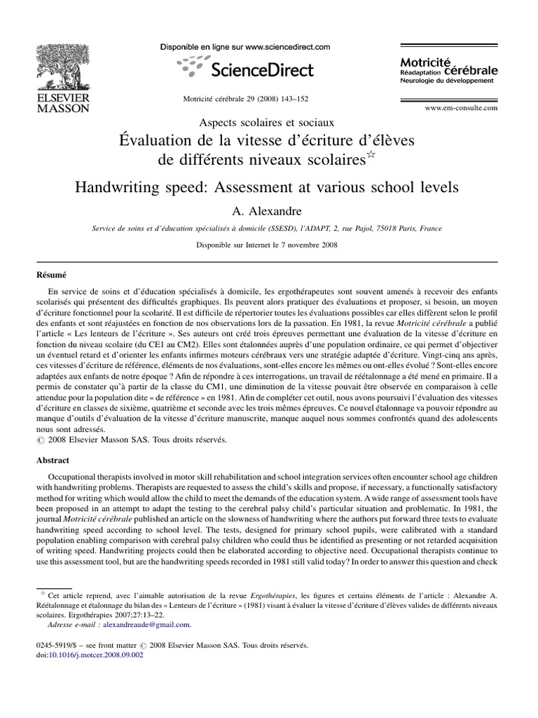 Évaluation de la vitesse d'écriture scolaire | PDF | Infirmité motrice ...