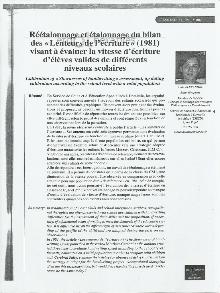 Réétalonnage Et Étalonnage Du Bilan Des Lenteurs de L'écriture | PDF