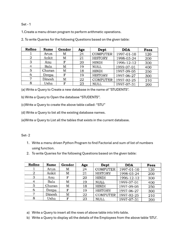 Python Programs and SQL Queries Guide | PDF | Databases | Table (Database)