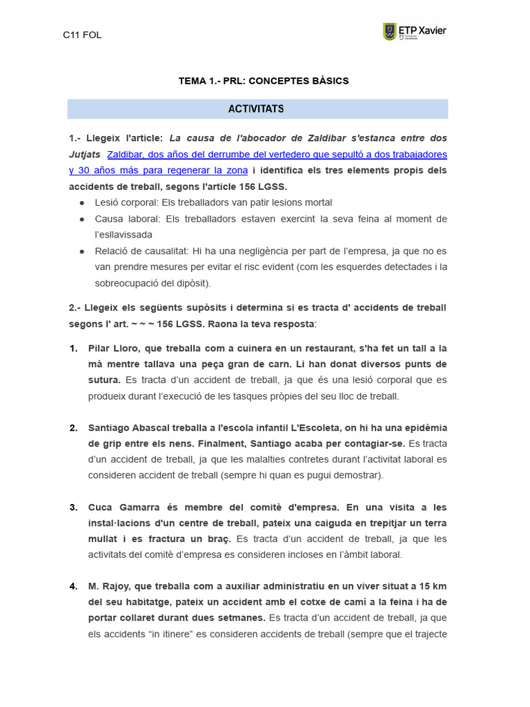 C11 - Exercici - ACTIVITAT - ACCIDENT - LABORAL - Docx 2 | PDF