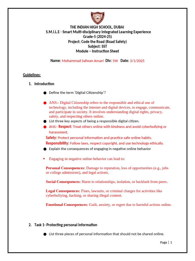 Grade-5 SST - Instruction Sheet | PDF | Traffic | Speed Limit