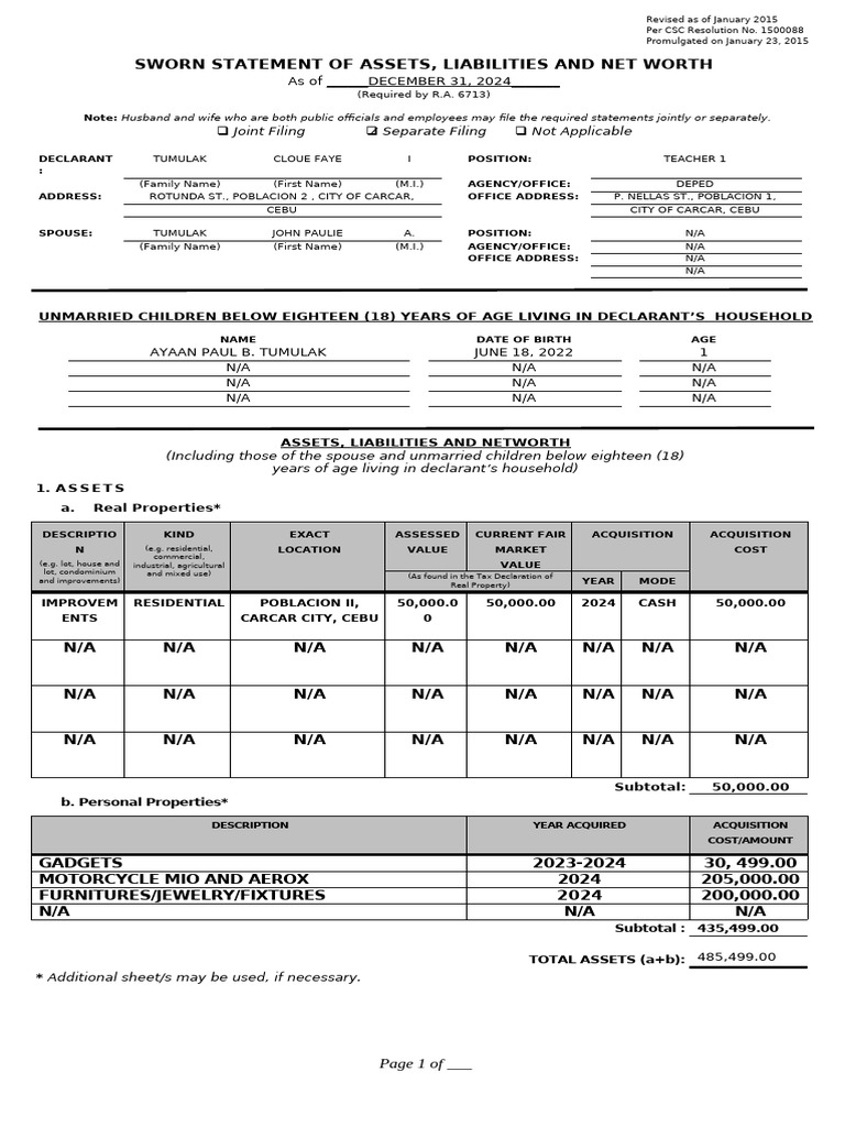 2015-SALN-Form-1 | PDF | Net Worth | Financial Accounting