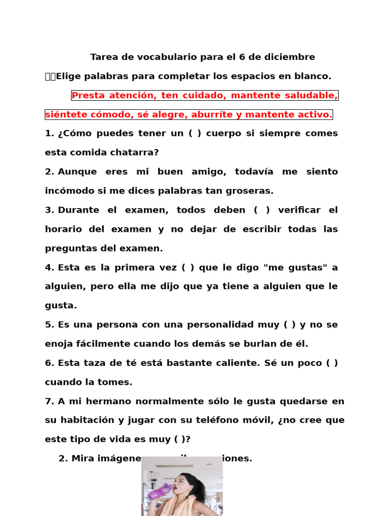 Tarea de vocabulario para el 6 de diciembre | PDF