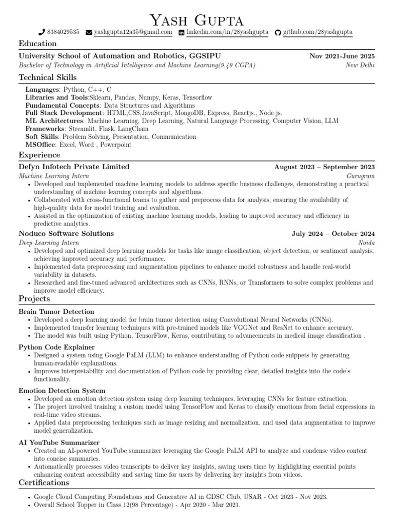 Yash Gupta CV | PDF | Machine Learning | Deep Learning