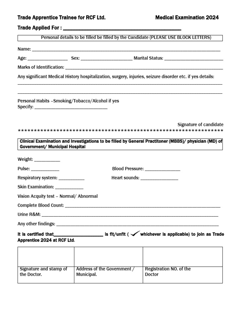 RCF Ltd. Trade Apprentice Medical Form | PDF