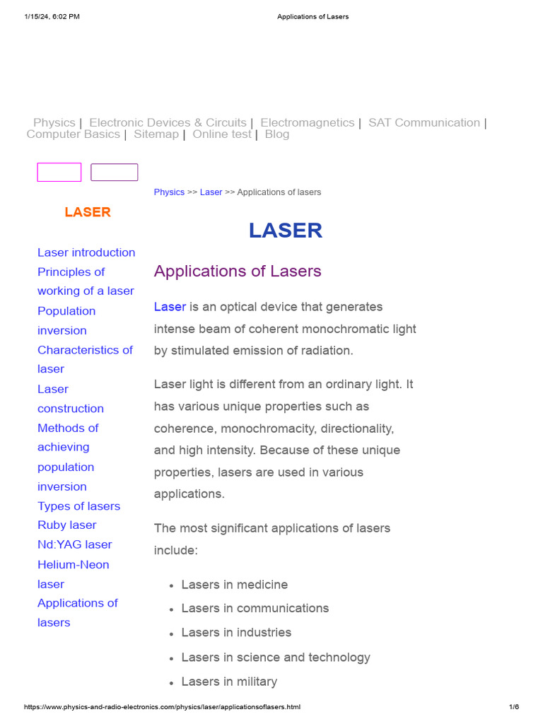 Key Applications of Lasers | PDF | Laser | Light