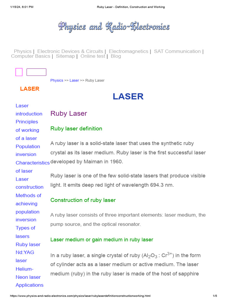 Ruby Laser: Definition & Working Principles | PDF | Laser | Mirror