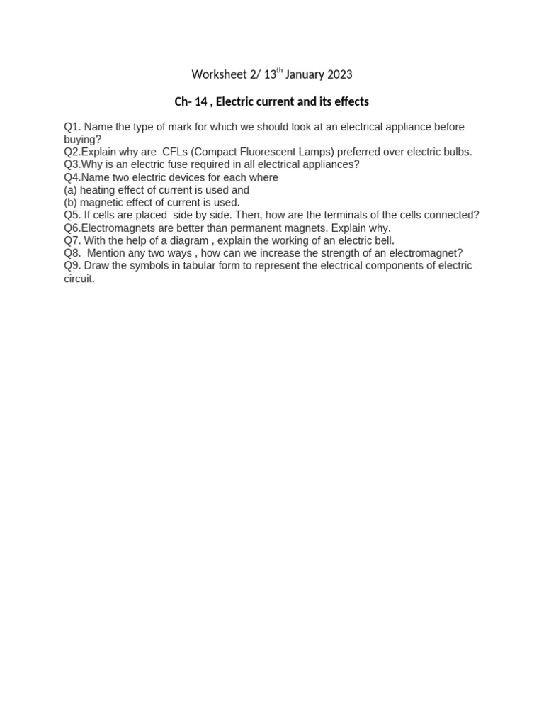 Ch-14, Electric Current and Its Effects: Worksheet 2/ 13 January 2023 | PDF