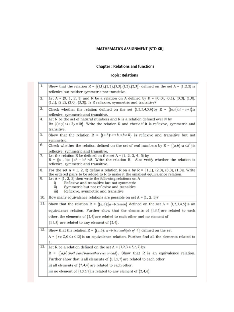 MATHEMATICS ASSIGNMENT STD XII {Relation and functions} | PDF