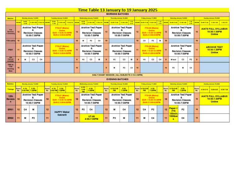 Engineering - Time Table 13 January To 19 January 2025 | PDF