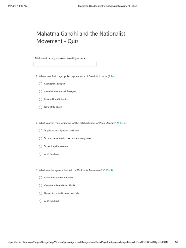 Mahatma Gandhi and The Nationalist Movement - Quiz | PDF | Mahatma ...