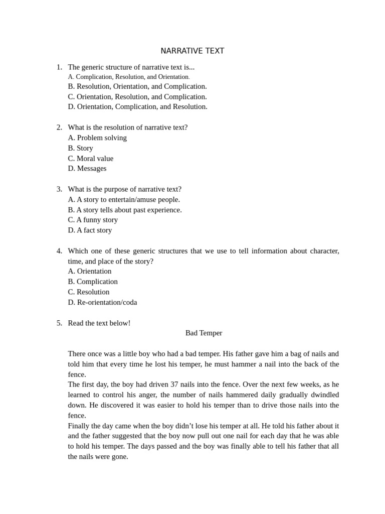 Narrative Text Structure Quiz | PDF