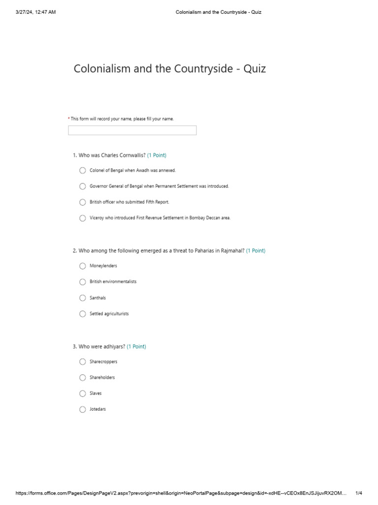 Colonialism and The Countryside - Quiz | PDF | British Raj