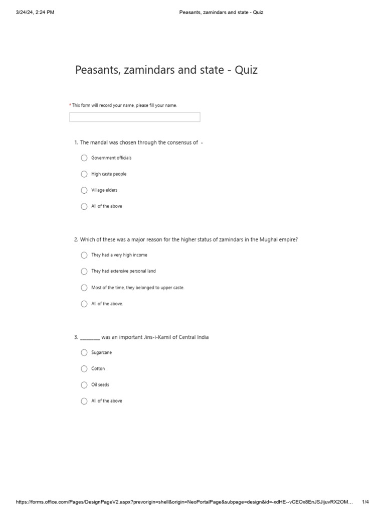 Peasants, Zamindars and State - Quiz | PDF | Mughal Empire