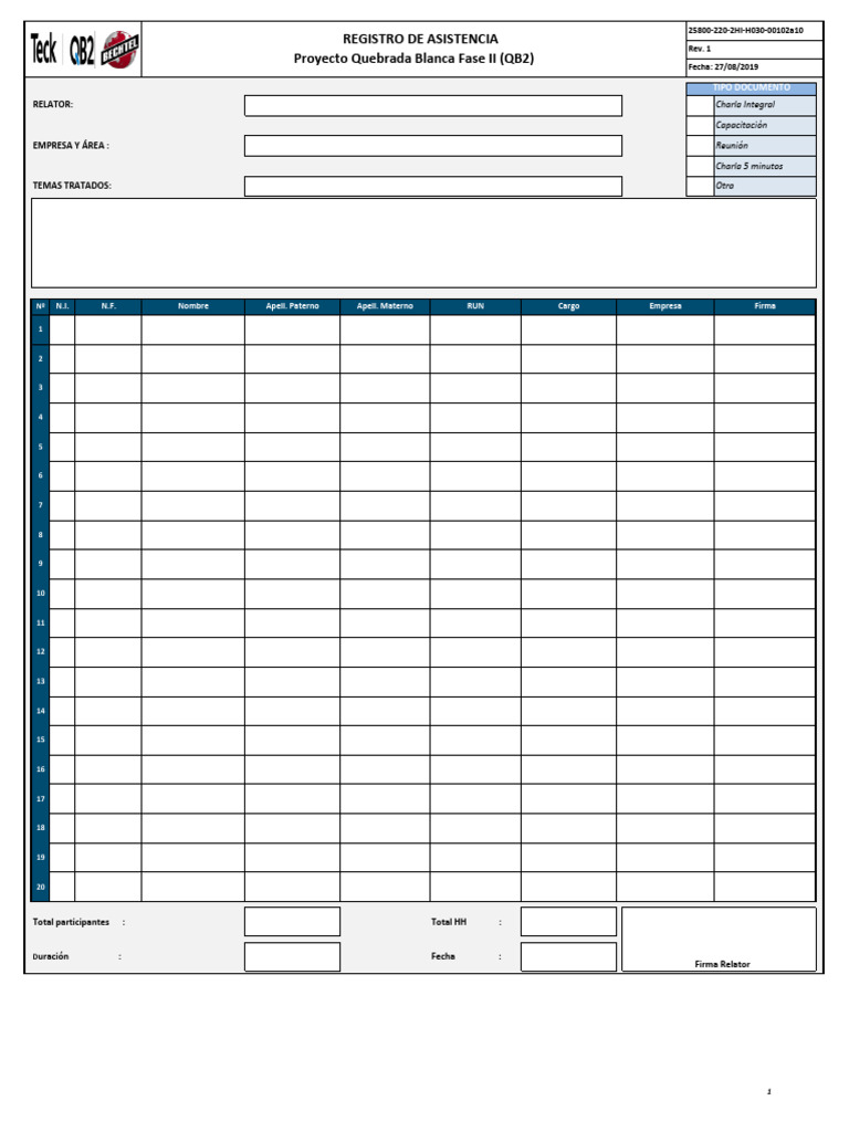 Registro Asistencia QB2 27/08/19 | PDF
