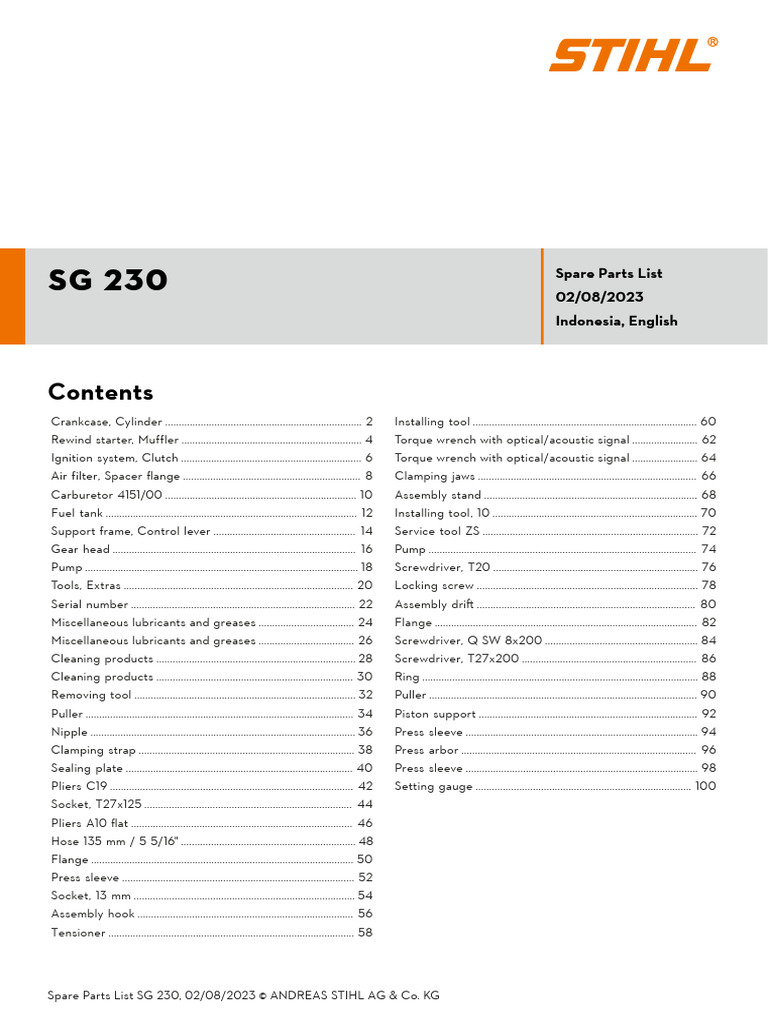 SG 230 Spare Parts List Overview | PDF | Carburetor | Engine Technology