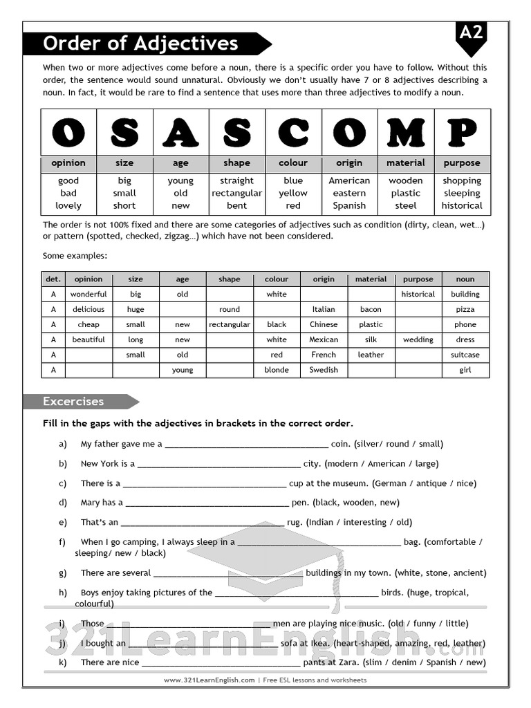 Adjectives Order Worksheet | PDF | Adjective | Linguistic Typology
