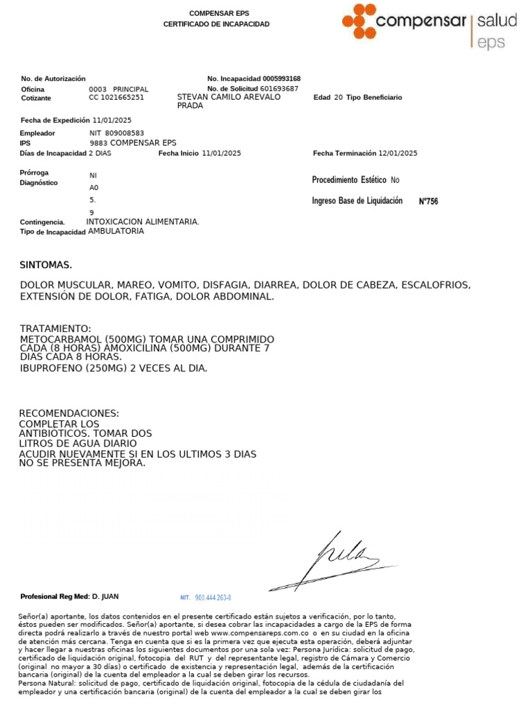 Compensar Incapacidad CC 1021665251 | PDF | Medicina CLINICA ...