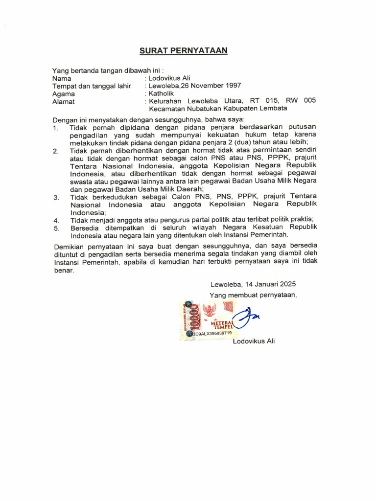 SURAT PERNYATAAN LODOVIKUS ALI | PDF