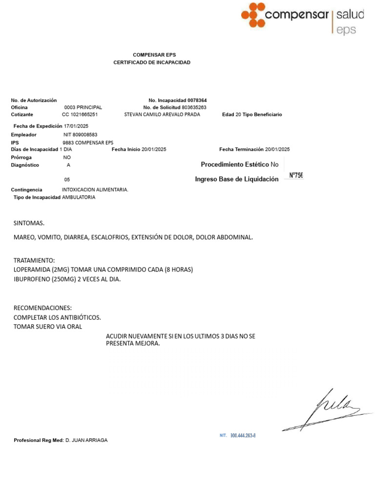 803635263-Compensar-Incapacidad-Cc-1021665251 2 | PDF