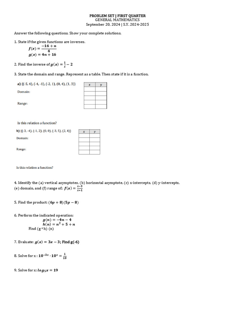 Problem Set-First Quarter-GenMath-9-20 | PDF