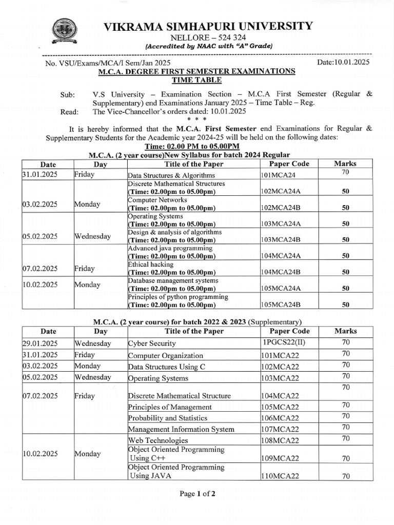 MCA 1st Semester Exam Timetable 2025 | PDF | Computing | Information ...