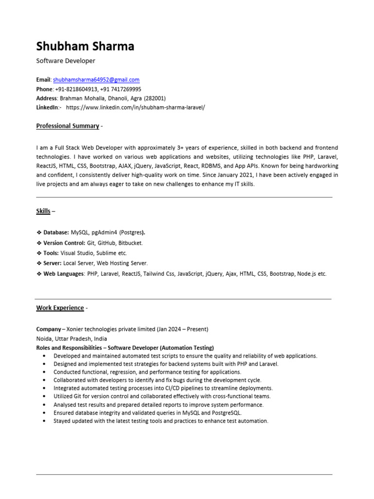 Shubham Sharma: Full Stack Developer Profile | PDF | Software Development | Php