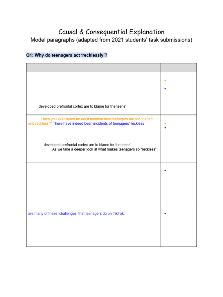 Causal & Consequential Explanation: Model Paragraphs (Adapted From 2021 Students' Task ...