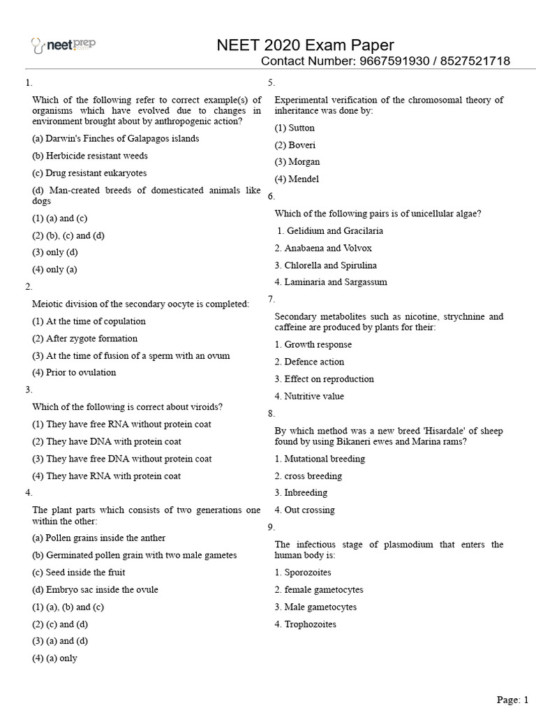 Neet 2020 Exam | PDF | Dna | Plant Stem