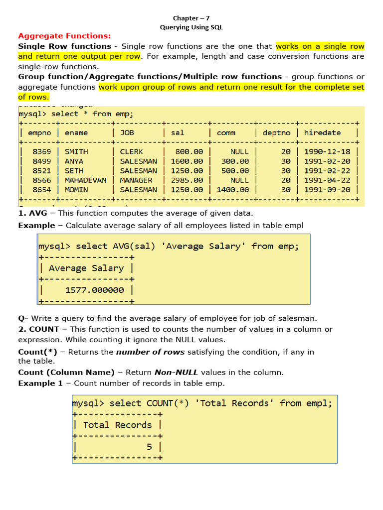 Chapter 7 Querying Using SQL | PDF | Databases | Computer Programming Chapter 7 Querying Using SQL | PDF | Databases | Computer Programming