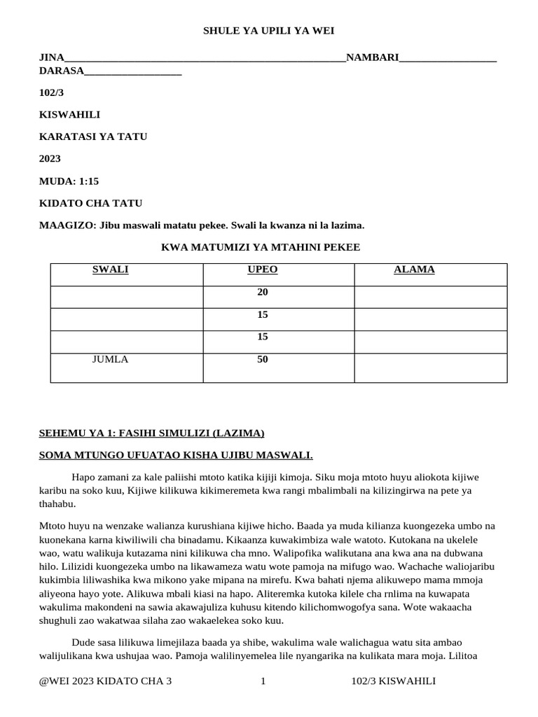 .archKISWAHILI PP3 F3 CEKENAS 2023 | PDF
