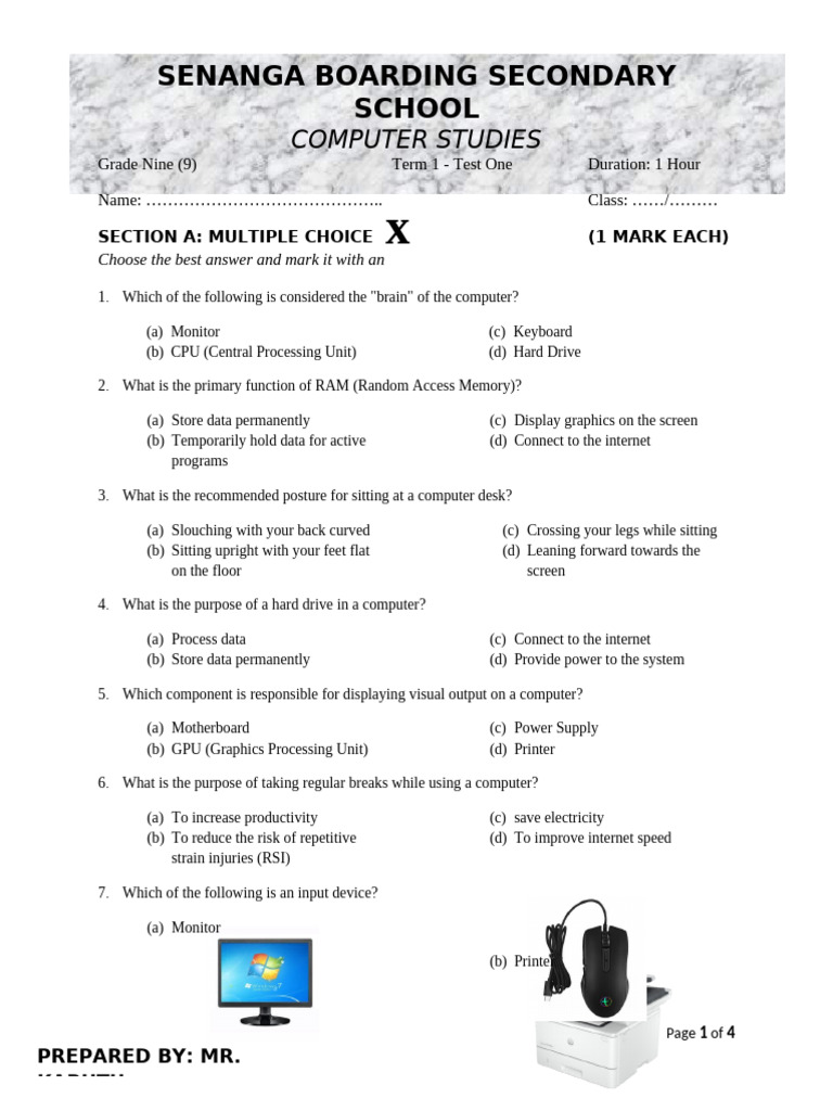 Computer Studies G9 - Term 1 - Test 1 | PDF | Input/Output | Graphics ...