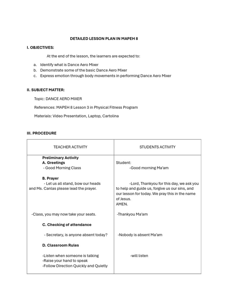 Detailed Lesson Plan in Mapeh 8 | PDF | Lesson Plan