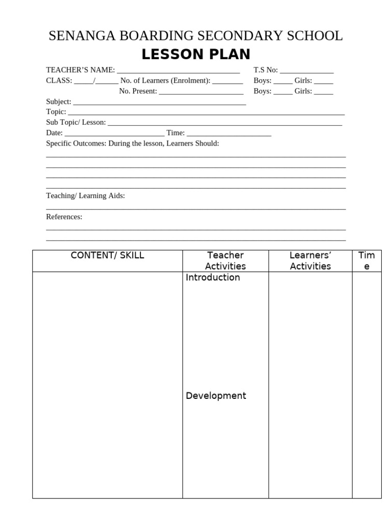 Lesson Plan - Senanga Boarding Secondary School | PDF