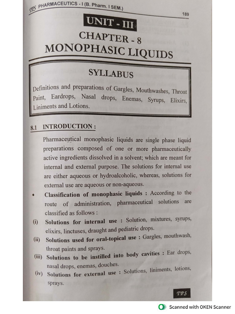 Pharmaceutics Unit 3 Chapter 1 Monophasic Liquid | PDF