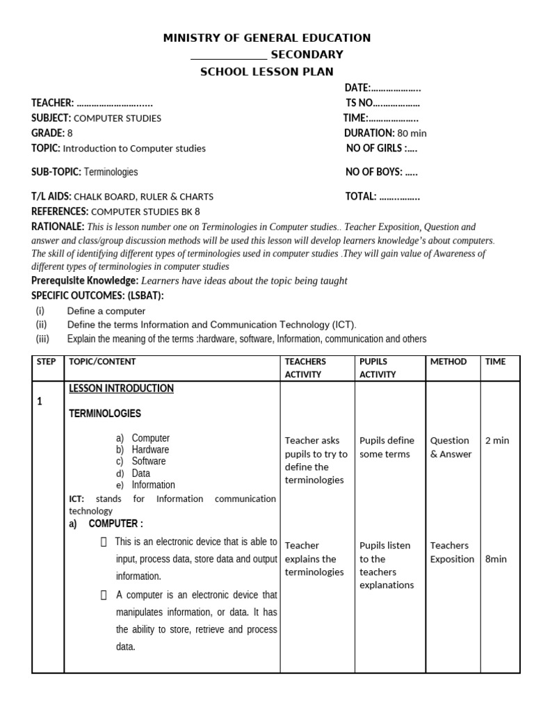 Computer Studies Lesson Plans g8 | PDF | Input/Output | Personal Computers
