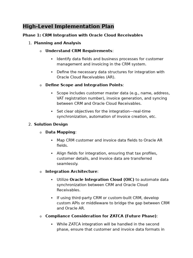 High Level Implementation Plan CRM ZATCA Integration | PDF | Customer ...