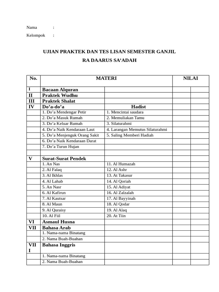 Ujian Praktik dan Tes Lisan RA 2023 | PDF