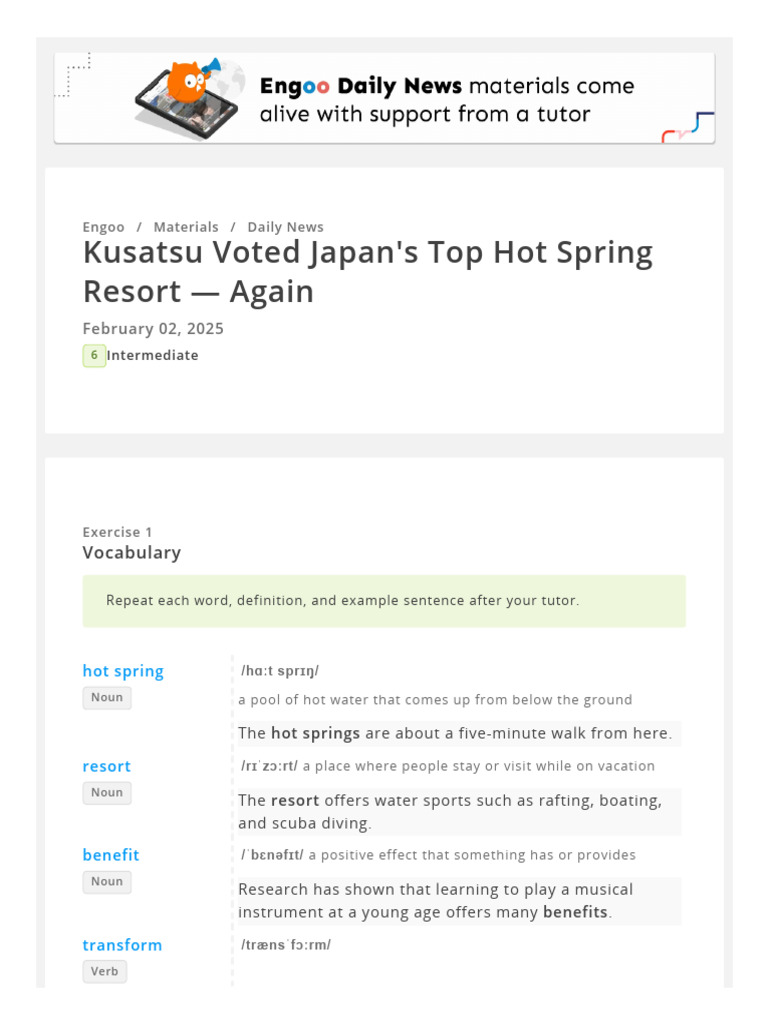 Kusatsu Voted Japan's Top Hot Spring Resort - Again - Engoo Daily News | PDF | Linguistics | Syntax